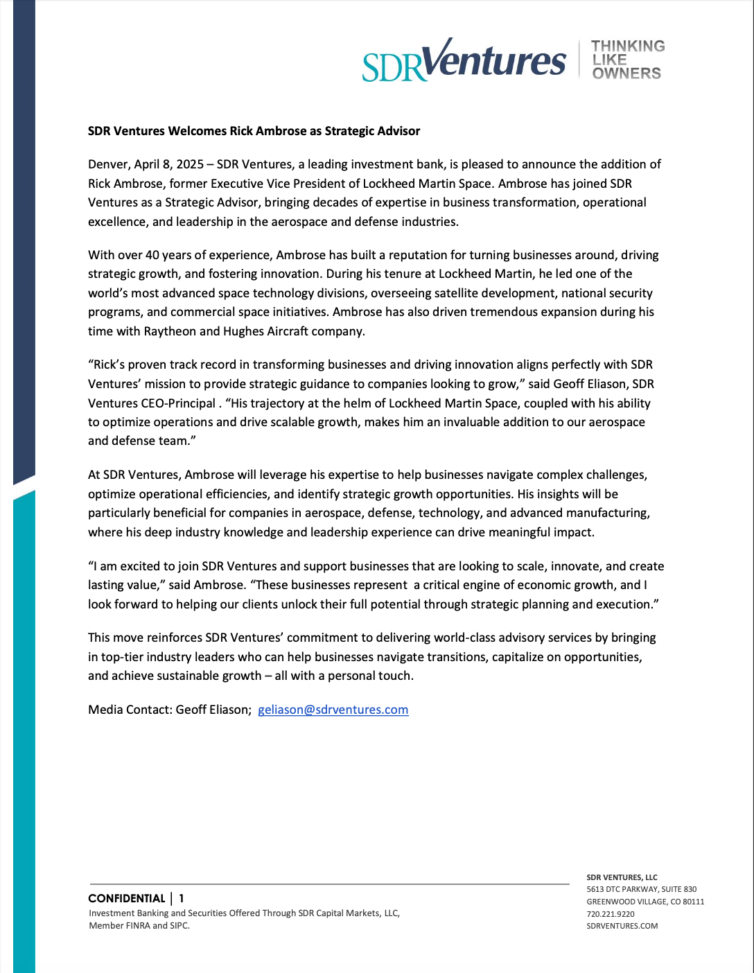 SDR Ventures Welcomes Rick Ambrose as Strategic Advisor - SDR Ventures